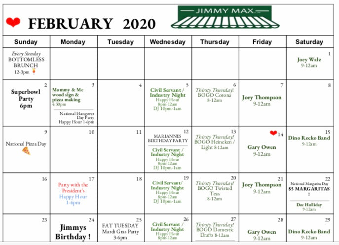 February Calendar of Events – Jimmy Max