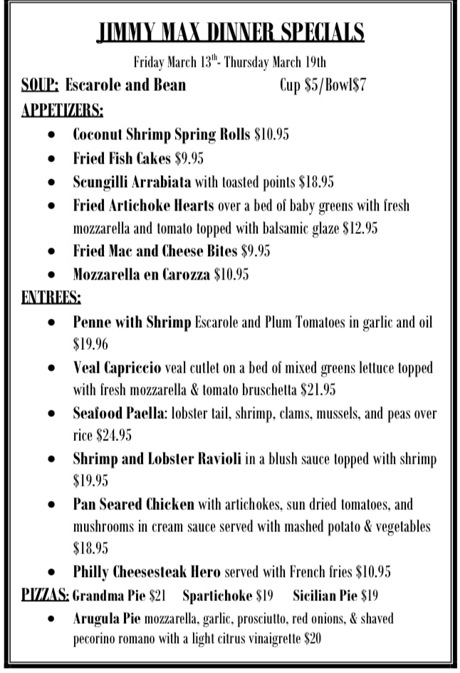 Weekly Menu Specials, Jimmy Max Dinner Menu Specials