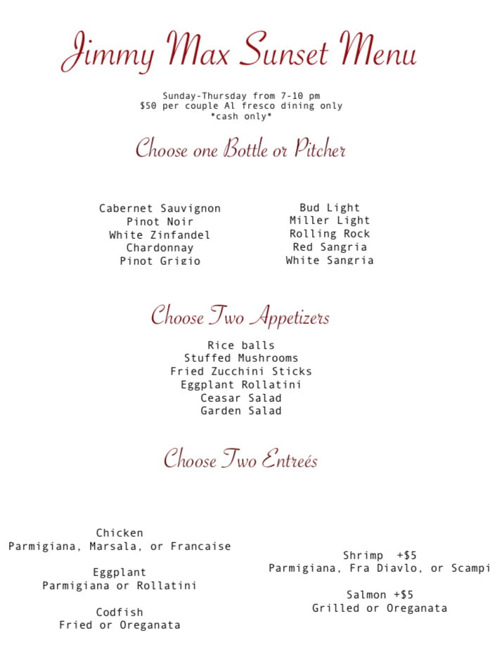 Jimmy Max Dinner Menu, Westerleigh Dinner Special, Dinner Menu Special