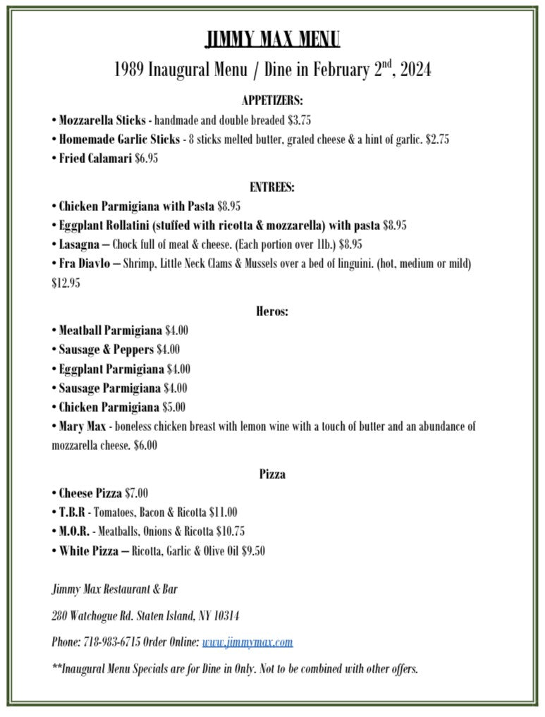 1989 Inaugural Menu – Jimmy Max
