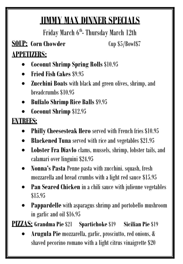 Dinner Menu Specials – Jimmy Max