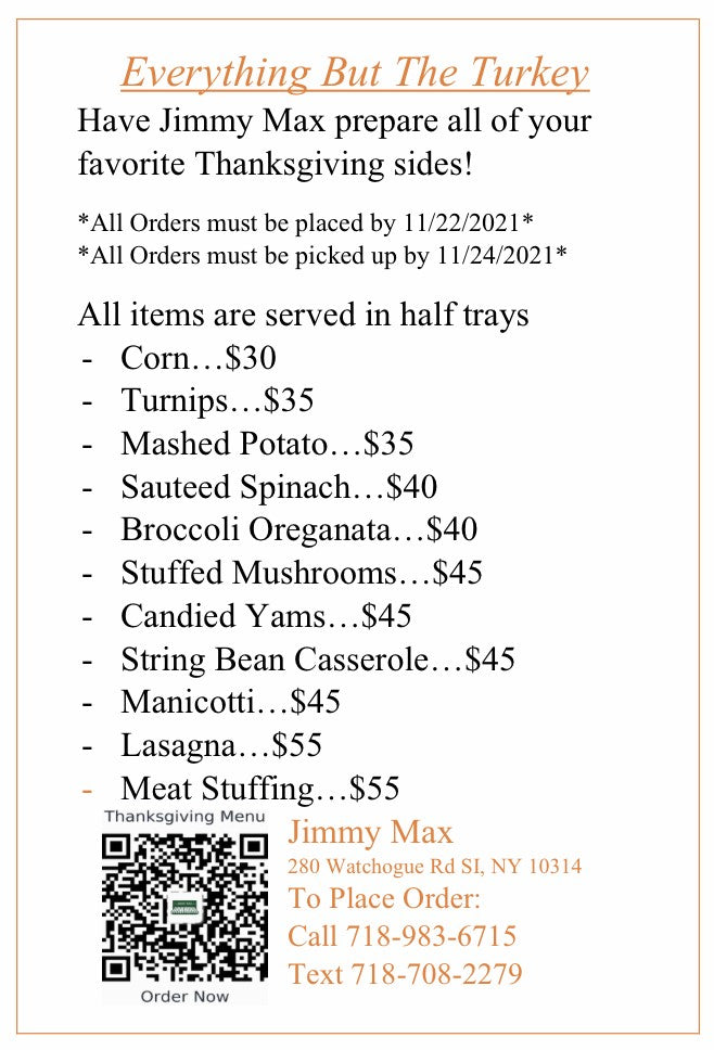 Jimmy Max Thanksgiving Catering, Everything but the Turkey Menu