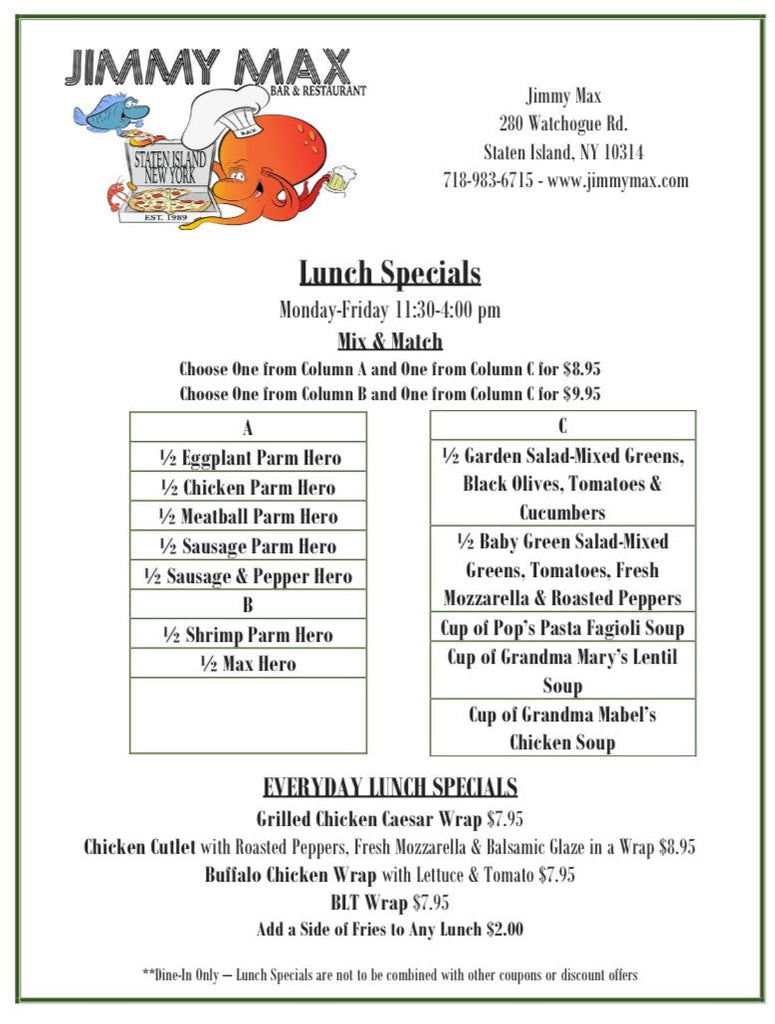 Jimmy Max Lunch Menu Specials, Jimmy Max Lunch Specials Westerleigh