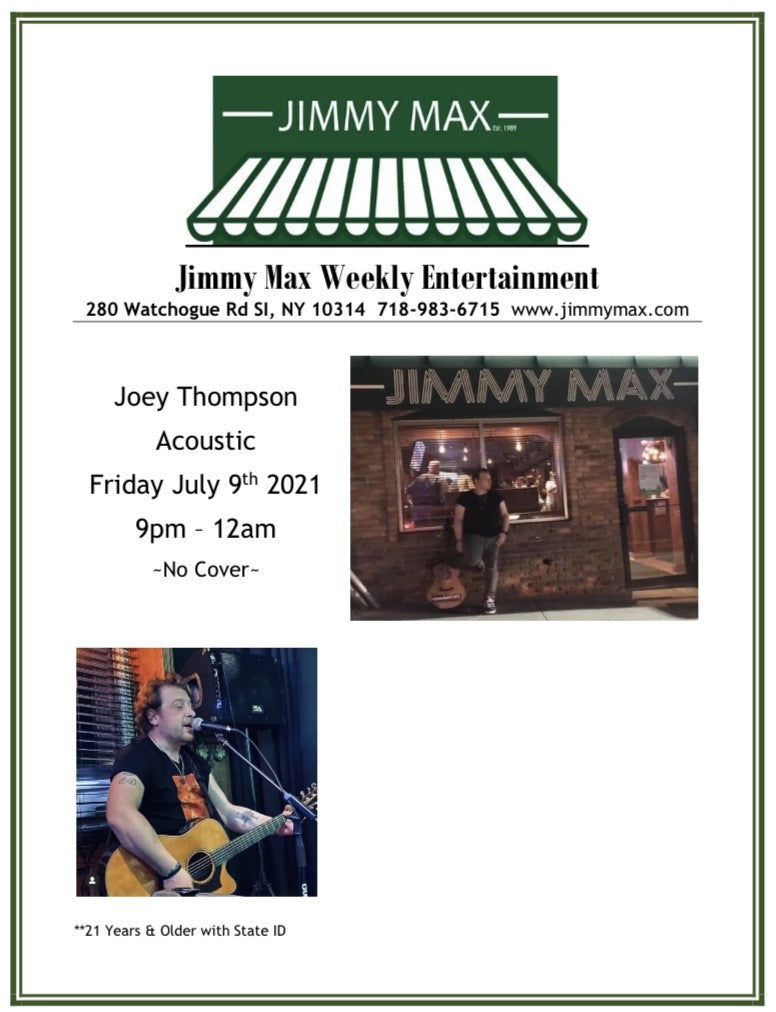Jimmy Max July Entertainment, Bar Live Music, Joe Thompson Acoustic
