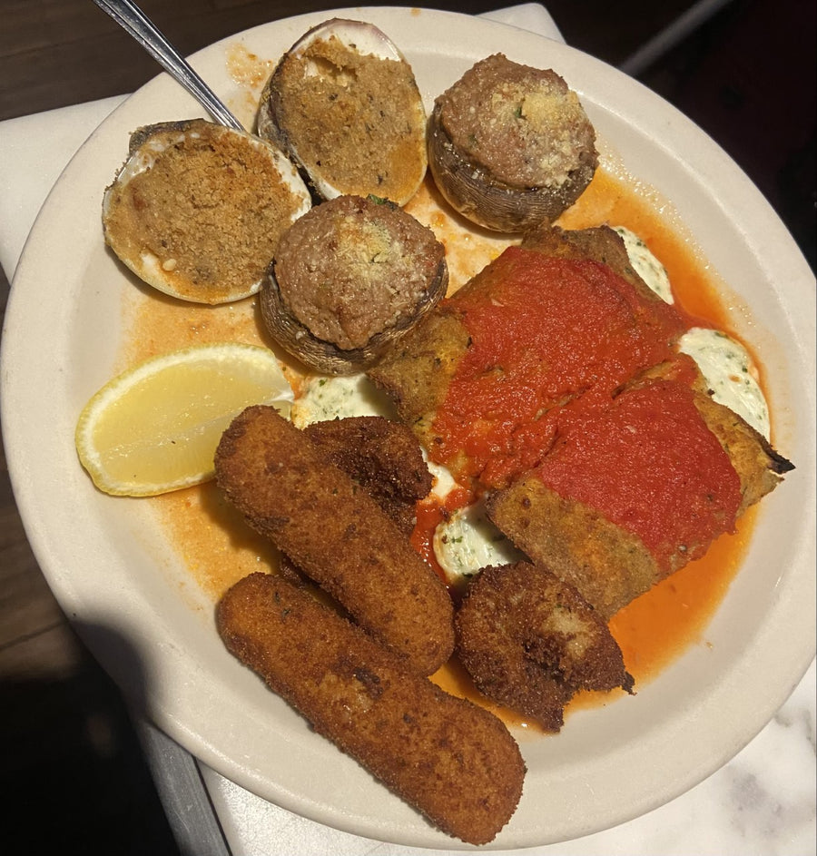 Jimmy Max Hot Antipasto, Mozzerella Sticks, Baked Clams, Fried Shrimp